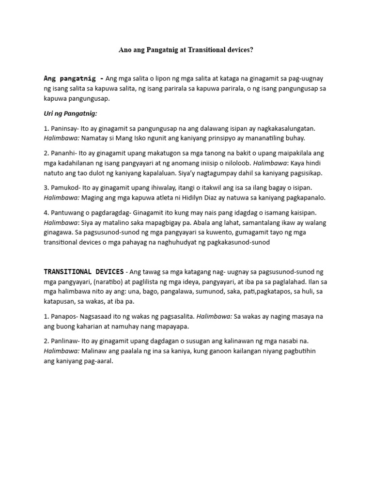 Pangatnig at Transitional Devices (Filipino) | PDF