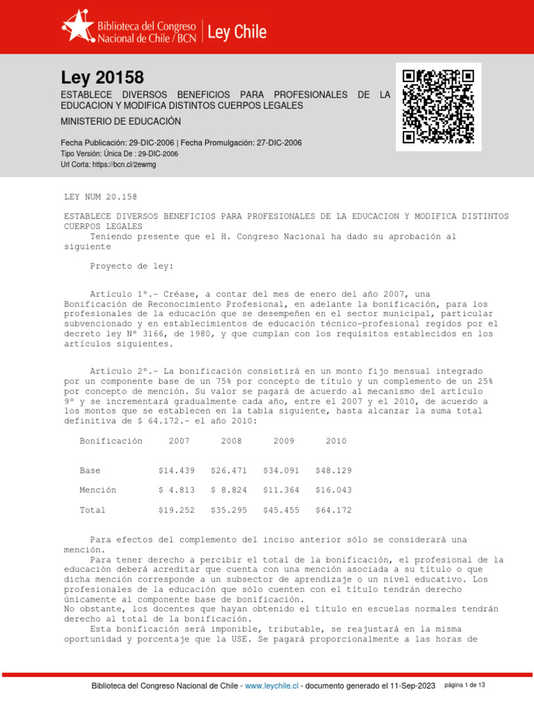 Ley 20158 - 29 Dic 2006 | PDF