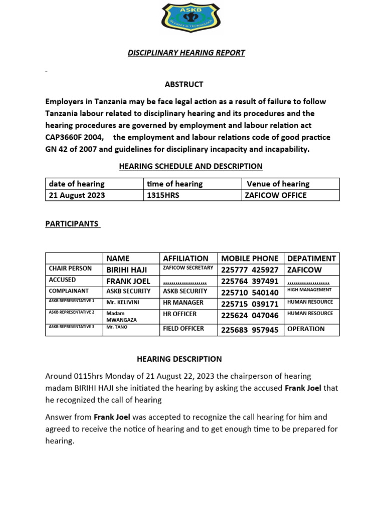 Disciplinary Hearing Outcome Report | PDF | Employment | Human Resources