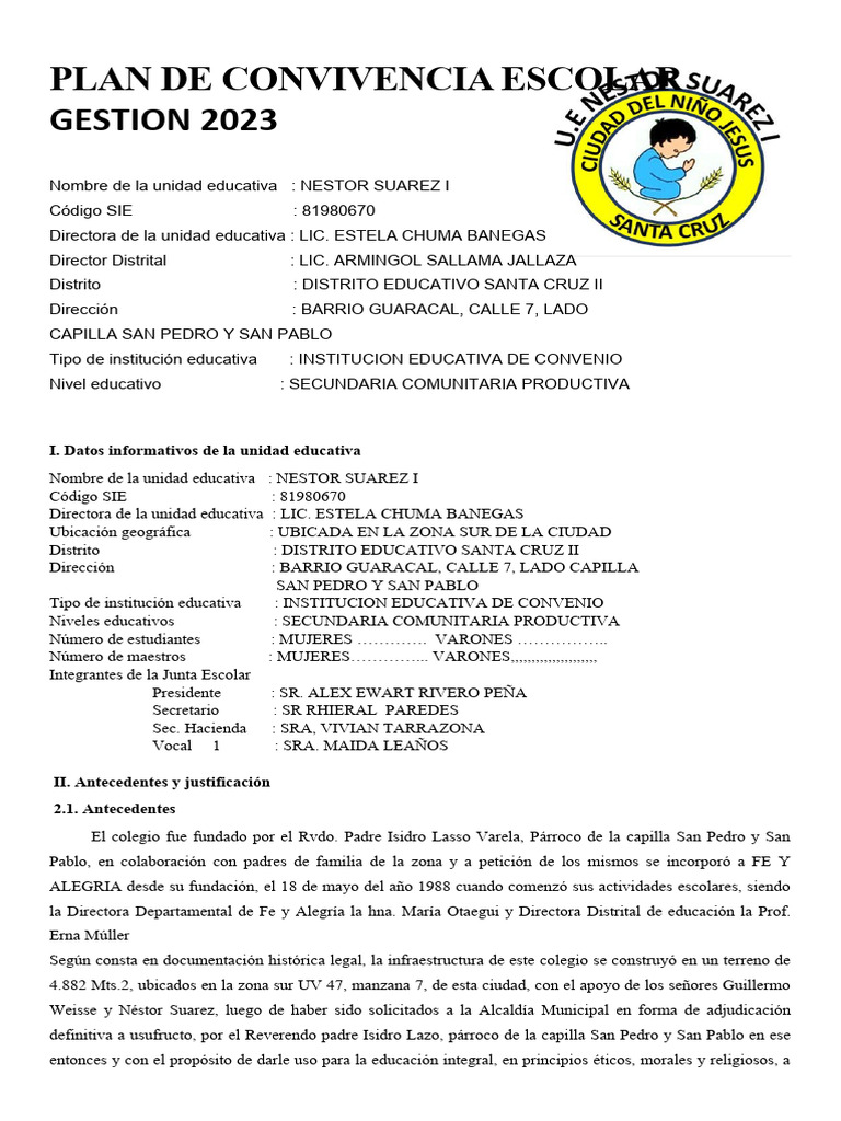 Plan de Convivencia Escolar Gestion 2023 A | PDF | Familia | Violencia