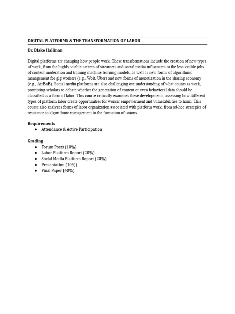 Platform Labor Syllabus - Website | PDF | Social Media | Popular ...