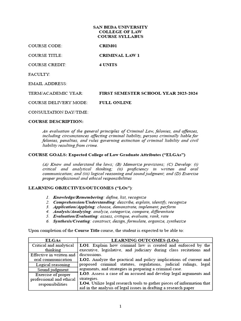 SBU - Syllabus in Criminal Law I (Updated For AY 2023-2024) CLEAN | PDF ...