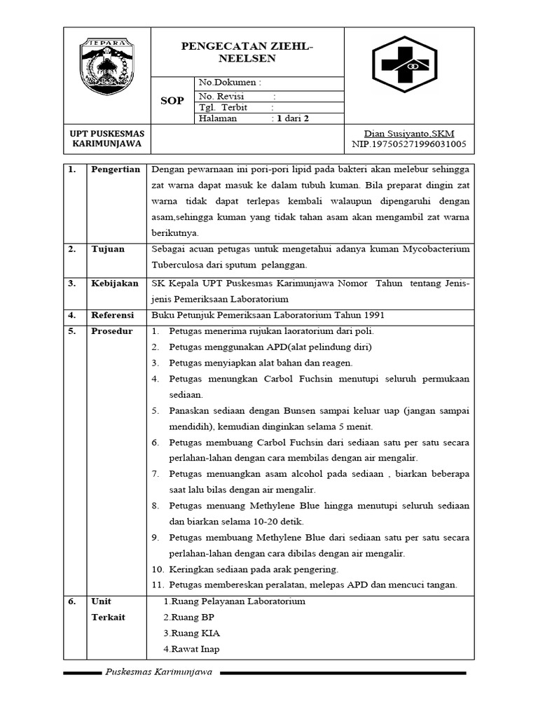 SOP Pengecatan Ziehl-Neelsen | PDF