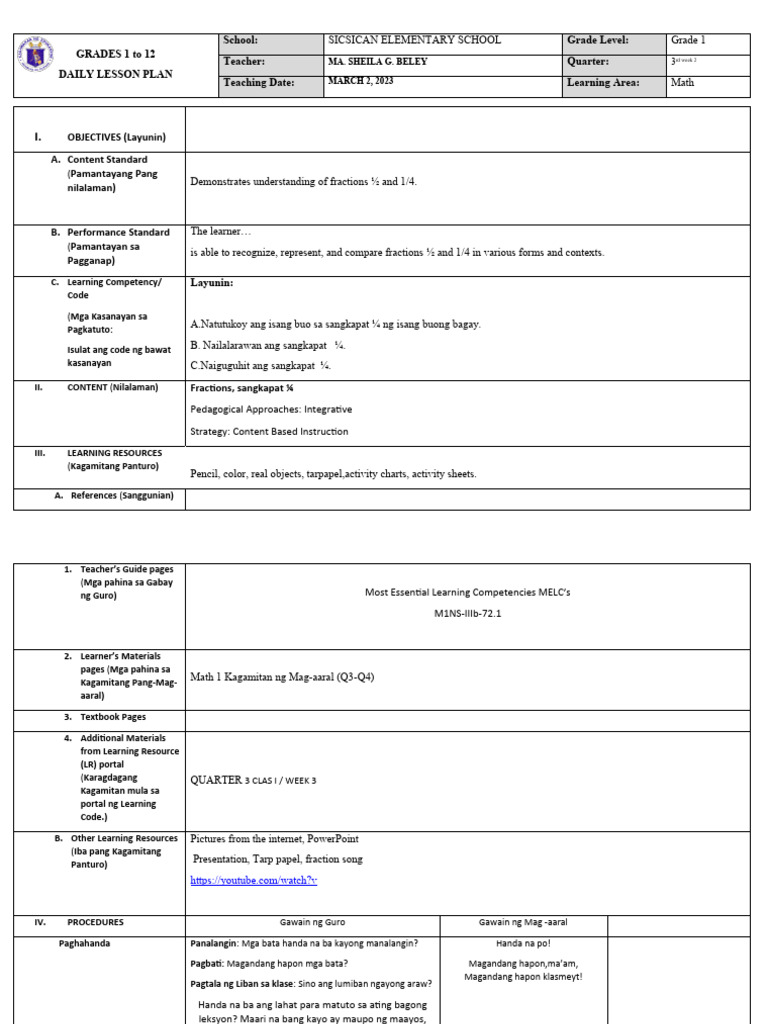 GRADE 1 DLP MATH 3RD Quarter 3 FINAL1 | PDF