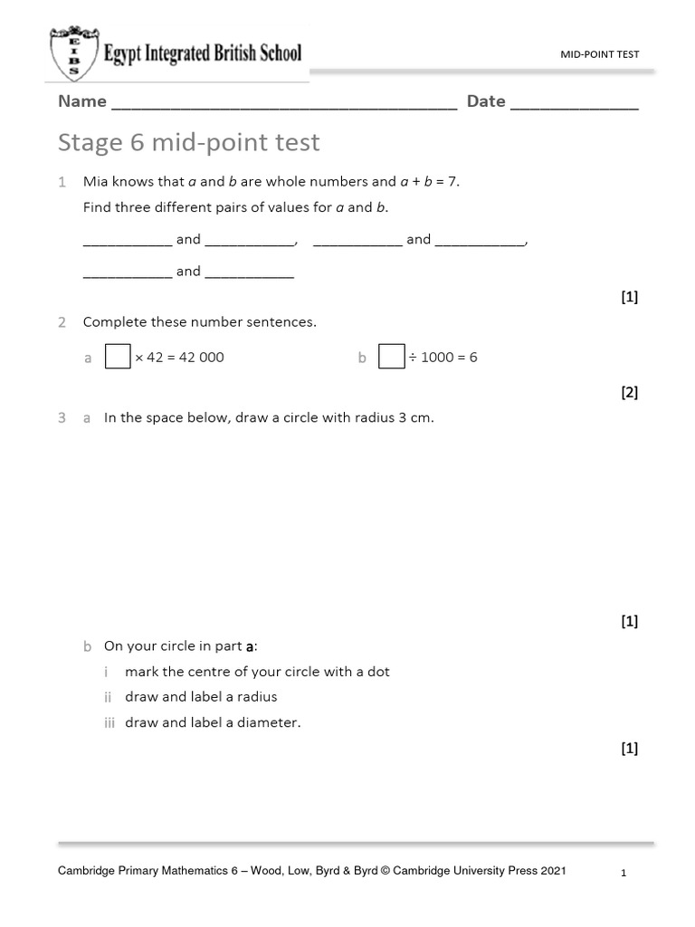 Stage 6 Maths Mid-Point Test | PDF