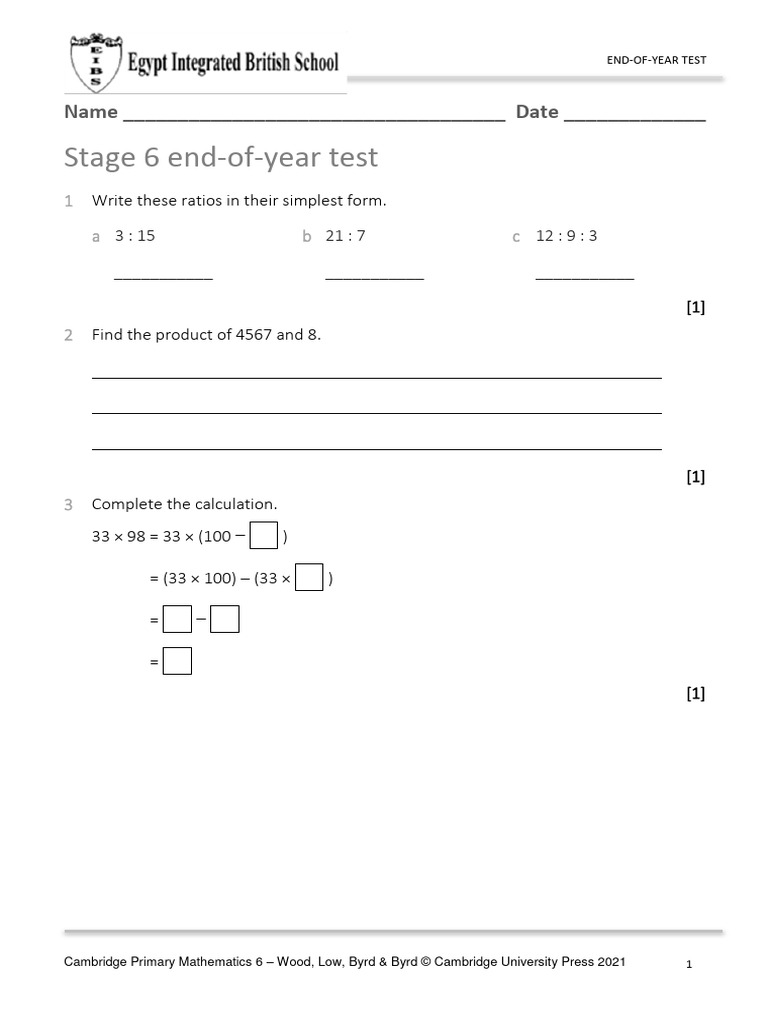 Prim Maths 6 2ed TR End of Year Test | PDF