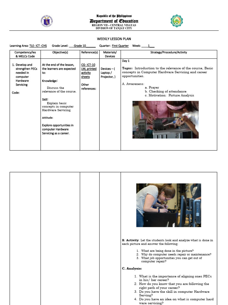 TLE - ICT-10-CHS-Weekly-Lesson-Plan - Q1 W1 & 2 | PDF