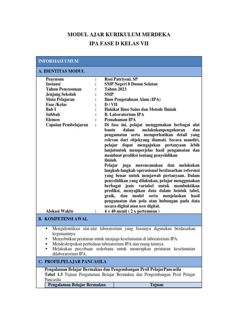 MODUL AJAR IPA Fase D Kelas 7 Oleh Rossi Patriyeni SP | PDF