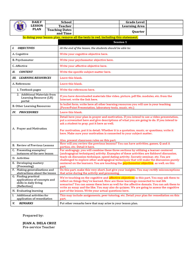 Lesson Plan Template With Explanation For Andragogy | PDF