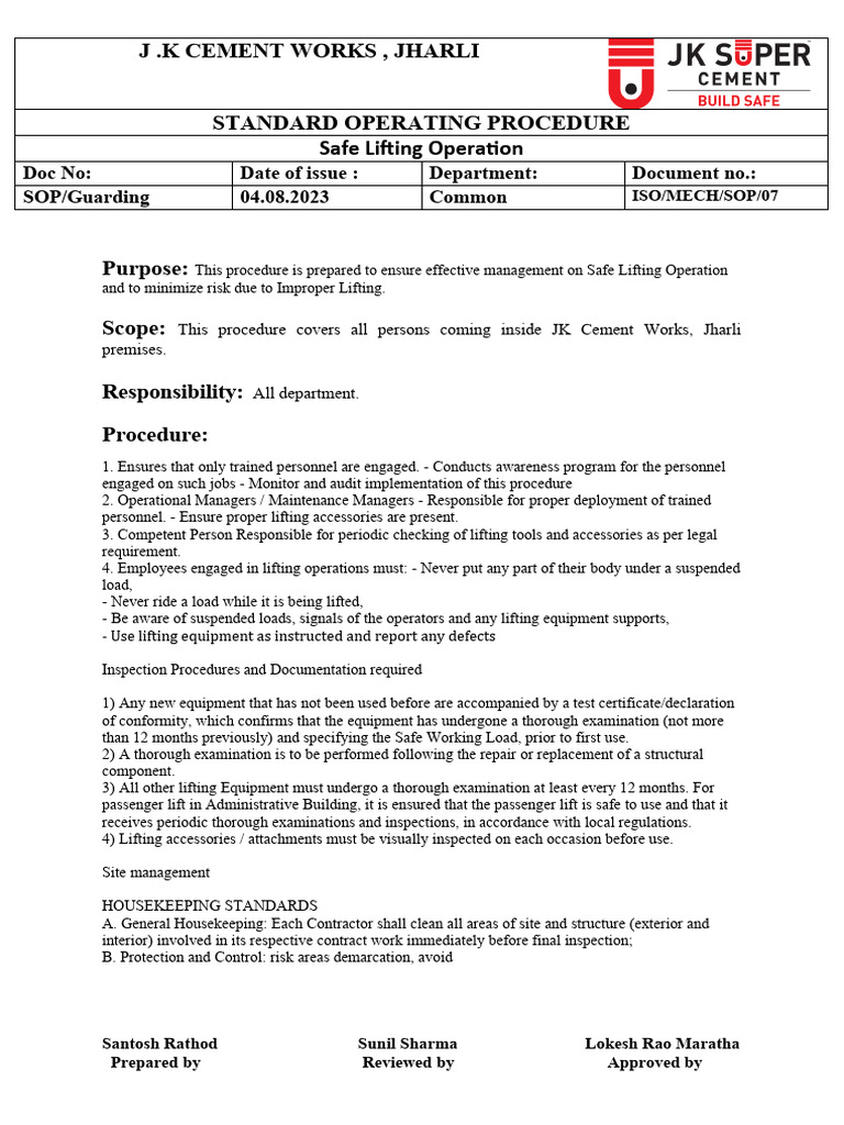 Safe Lifting Operations SOP | PDF