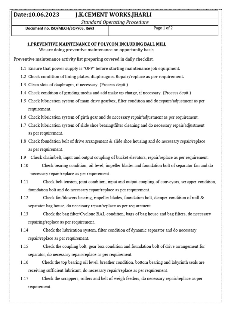 SOP of Maintenance For Ball Mill Including Polycom | Download Free PDF ...