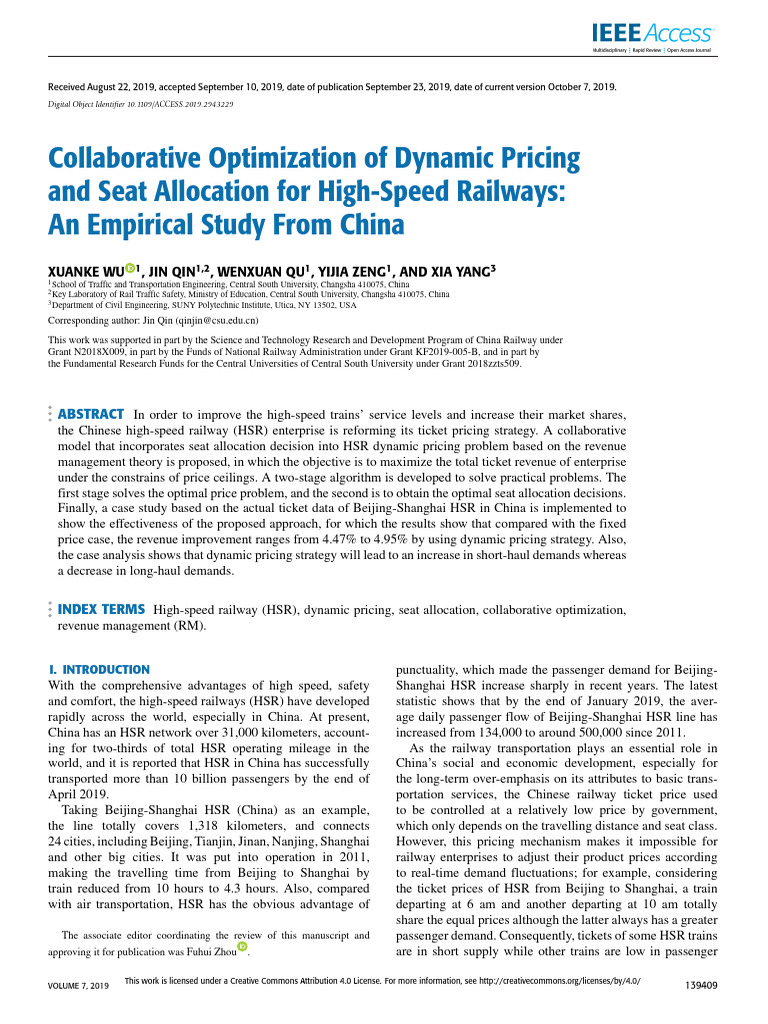 Collaborative Optimization Of Dynamic Pricing And Seat Allocation For High Speed Railways An 