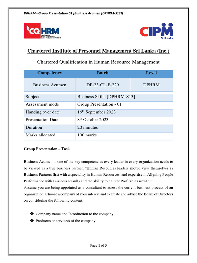 DPHRM - Group Presentation 01 (Business Acumen (DPHRM-S13) ) DP-23-CL-E-229 | Download Free PDF ...