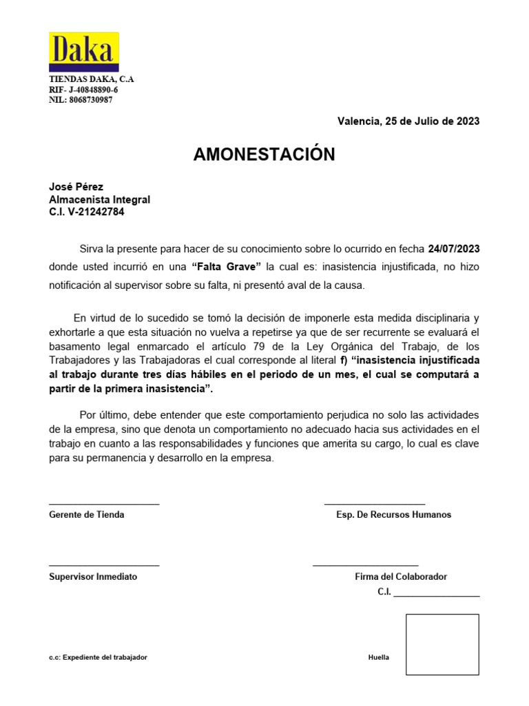 Amonestación por Inasistencia Laboral | PDF | Finanzas y dinero