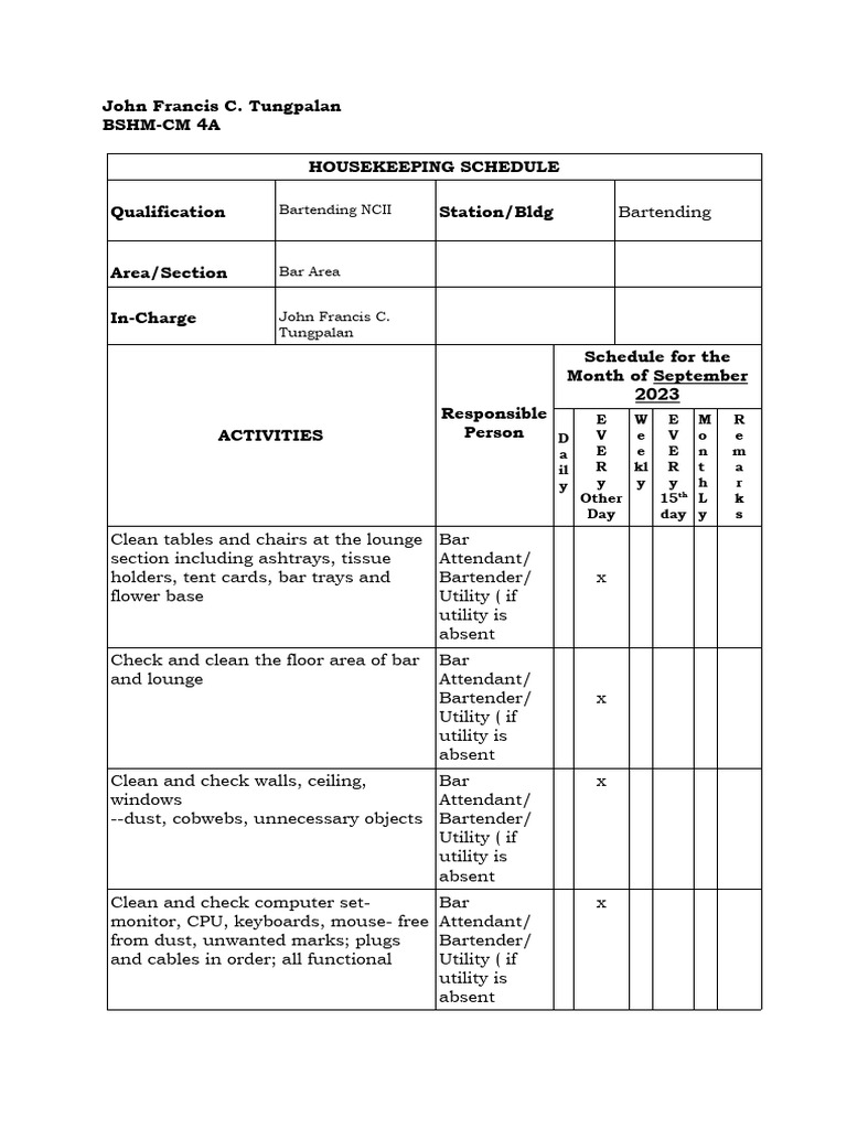 Housekeeping Schedule and Checkist | PDF | Housekeeping | Building ...