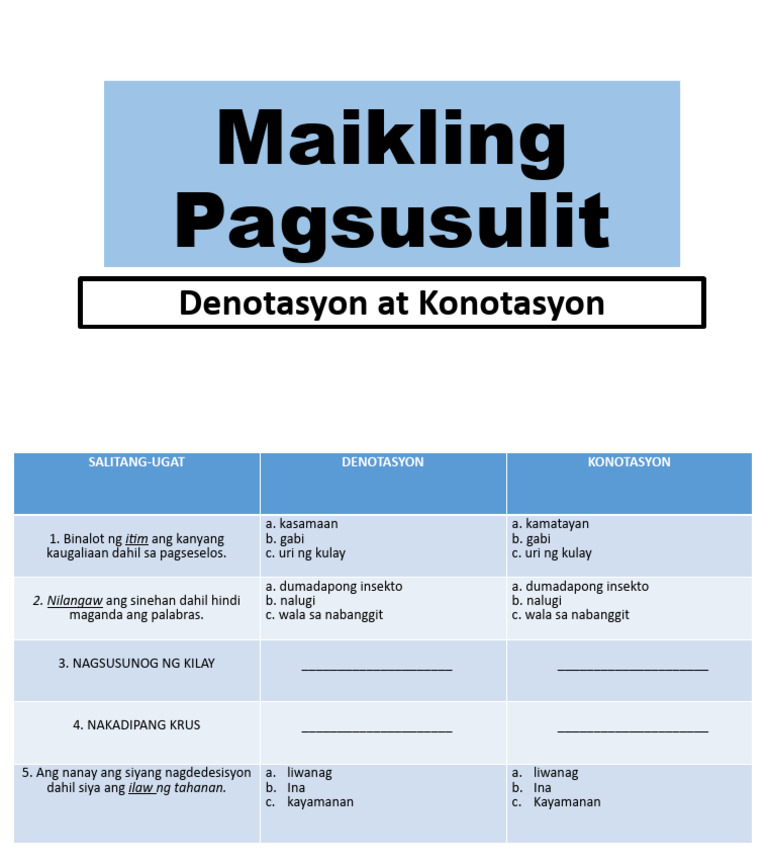 Maikling Pagsusulit - Denotasyon at Konotasyon | PDF