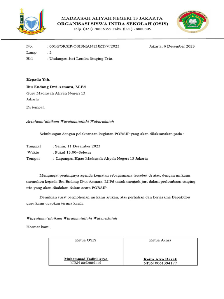 Surat Undangan Juri Lomba Singing Trio | PDF