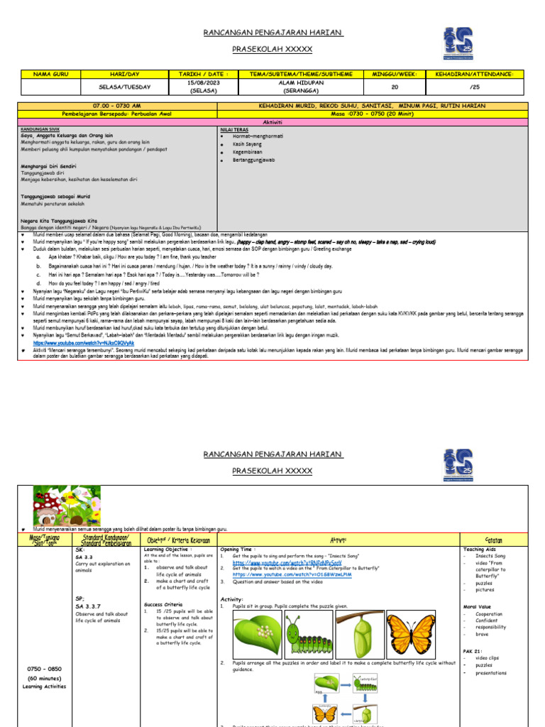 Rancangan Pengajaran Harian Prasekolah XXXXX: Kandungan Sivik Saya ...