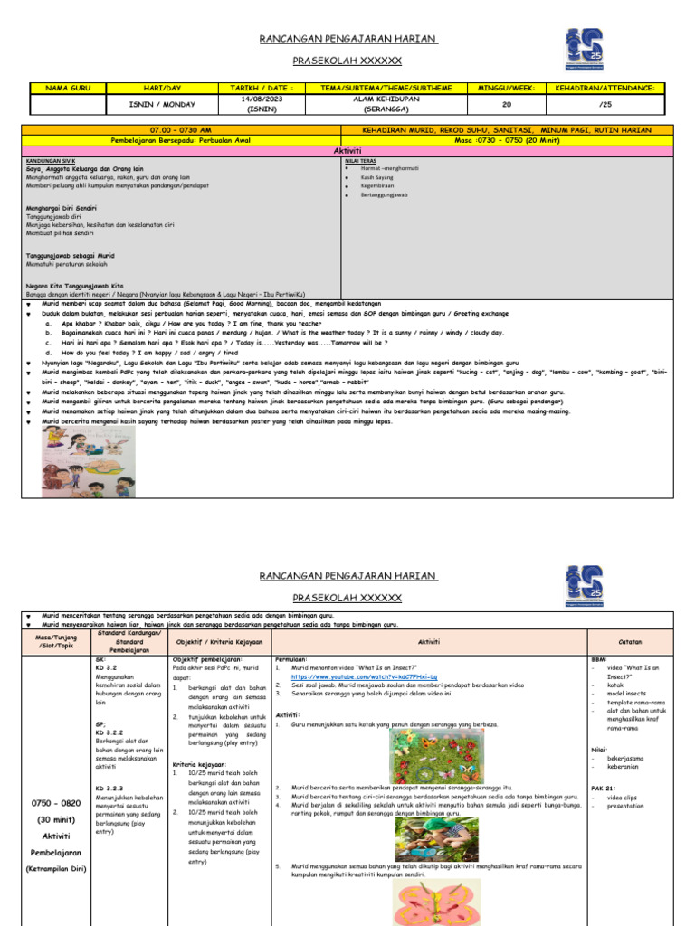 Rancangan Pengajaran Harian Prasekolah XXXXXX: Aktiviti | PDF
