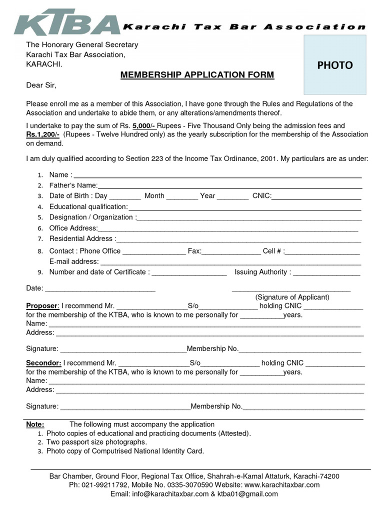 Karachi Tax Bar Membership Application | PDF