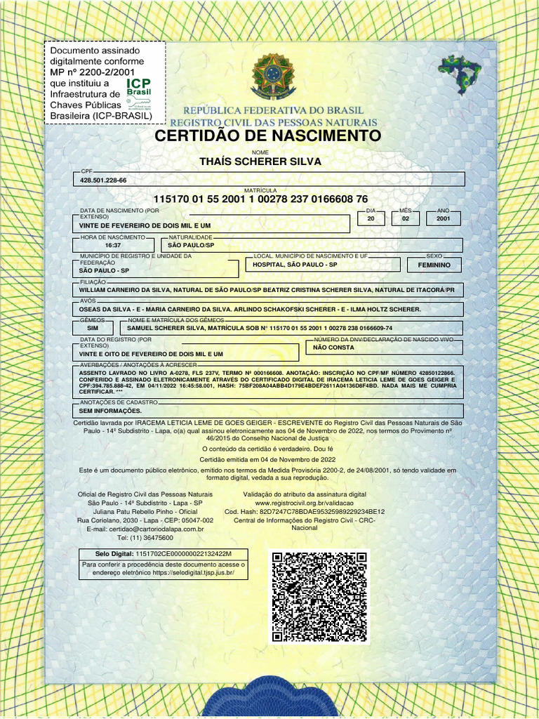 Certidão de Nascimento de Thaís Silva | PDF | Governo e personalidade ...