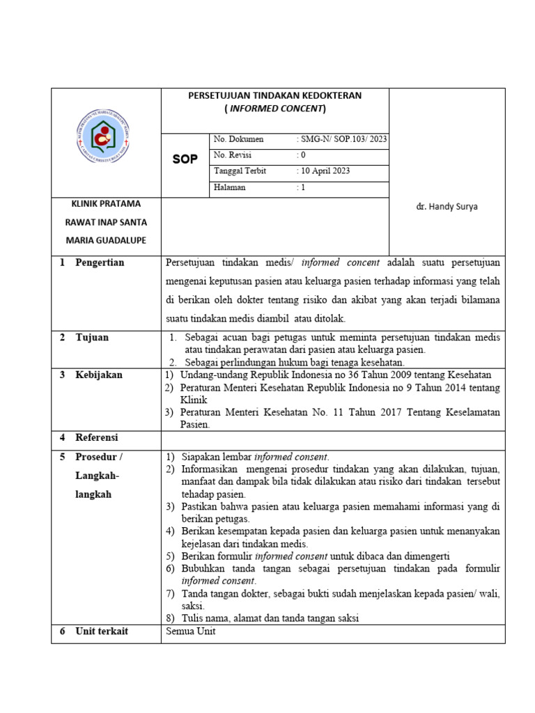 Ep. 1 Sop Persetujuan Tindakan Kedokteran | PDF
