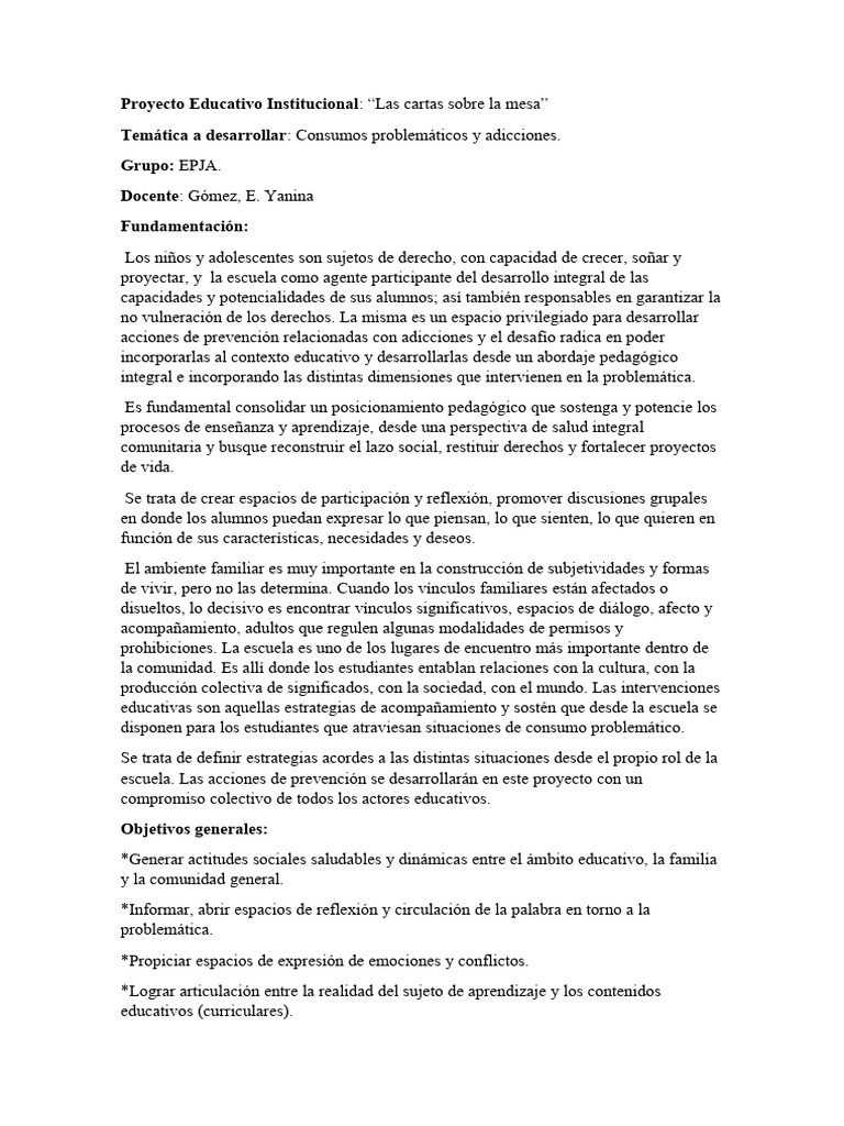 Proyecto Educativo Institucional Epja | PDF | Consumo (economía) | Adultos