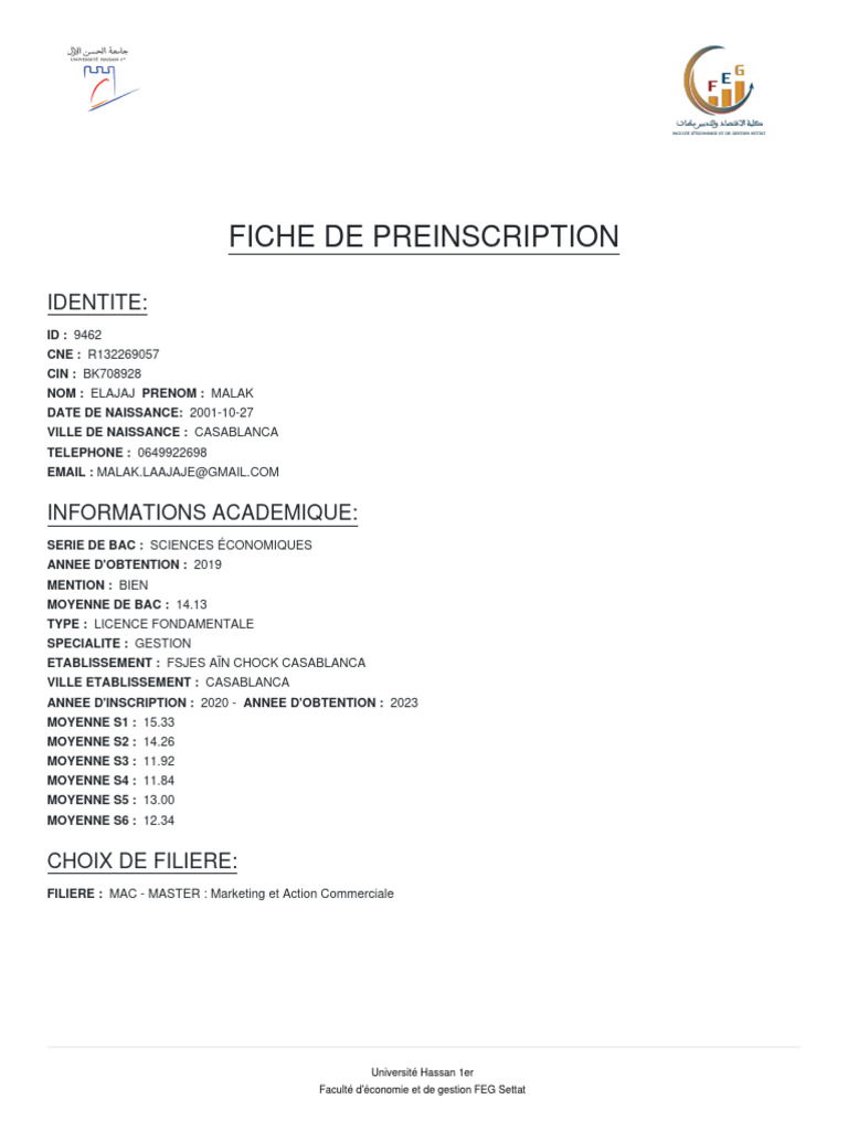 SETTAT Fichepreinscription | PDF | Évolution de carrière