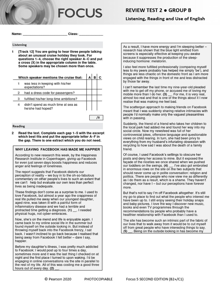 Focus5 2E Review Test 2 Units1 6 Listening Reading UoE GroupB | PDF Focus5 2E Review Test 2 Units1 6 Listening Reading UoE GroupB | PDF