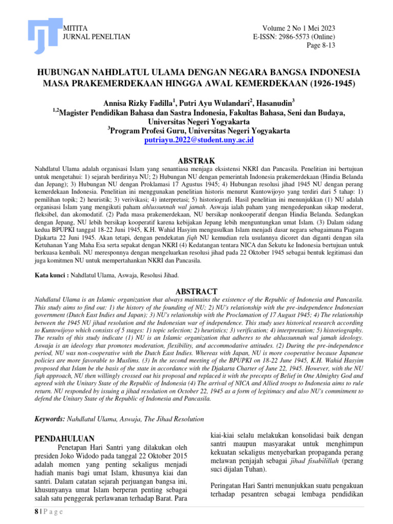 Hubungan Nahdlatul Ulama Dengan Negara Bangsa Indonesia Masa ...