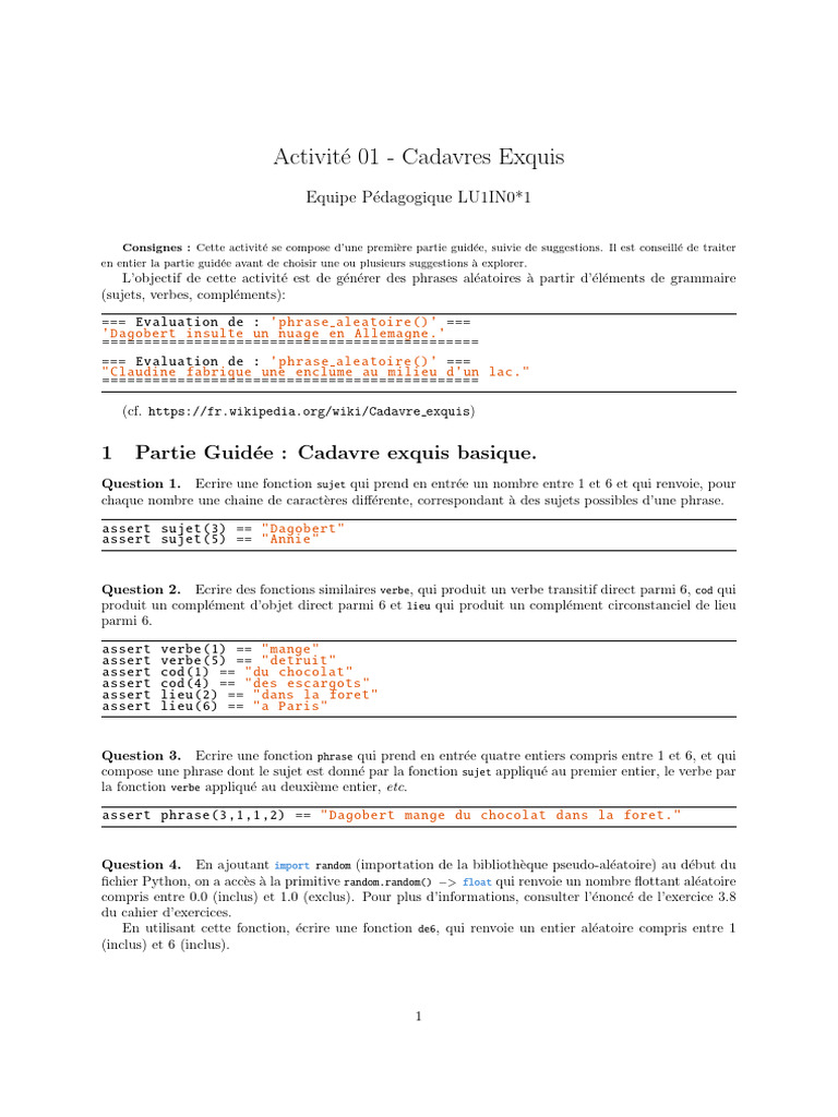 Cadavre Exquis : Activité d'Écriture | PDF | Phrase | Sujet (Grammaire)