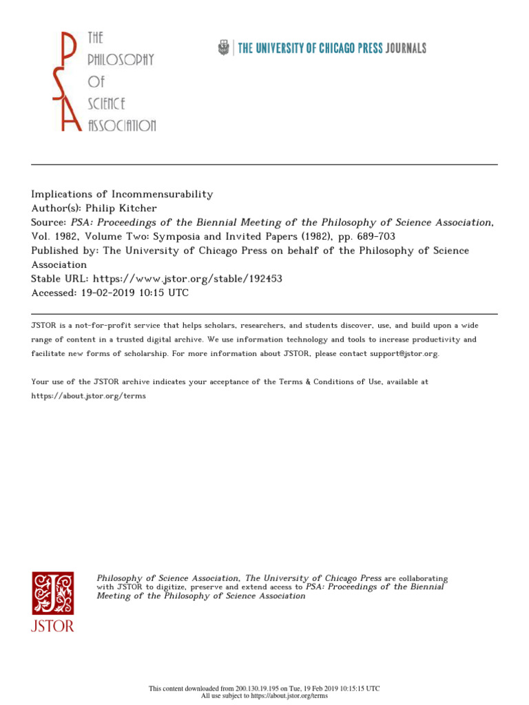 Kitcher, P. - Implications of Incomensurability | PDF | Science | Academic Discipline Interactions