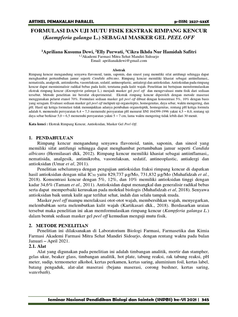 Formulasi Dan Uji Mutu Fisik Ekstrak Rimpang Kencur (Kaempferia Galanga L.) SEBAGAI MASKER GEL ...