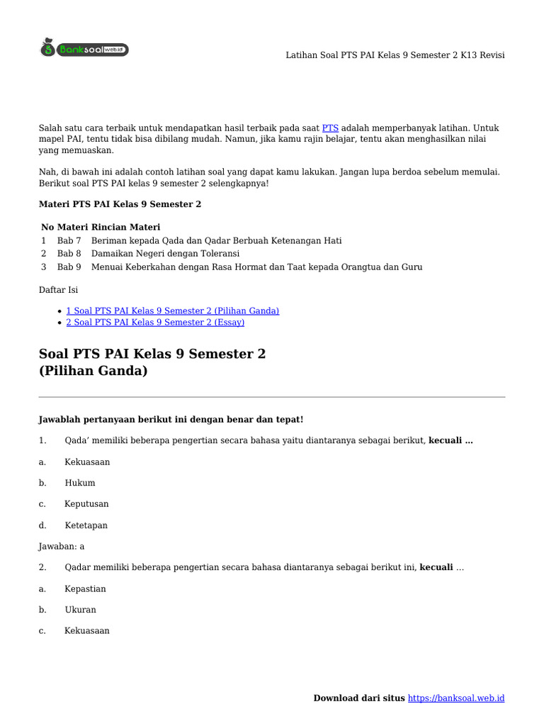 Soal PTS PAI Kelas 9 Semester 2 | PDF