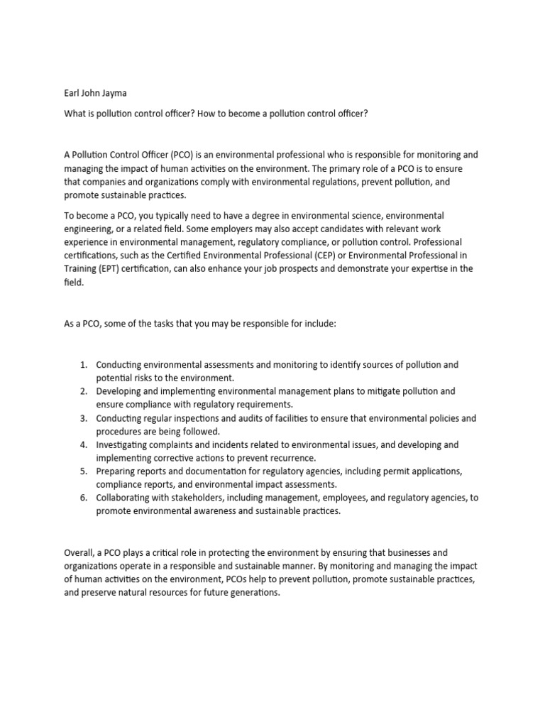Pollution Control Officer | PDF | Business | Self-Improvement