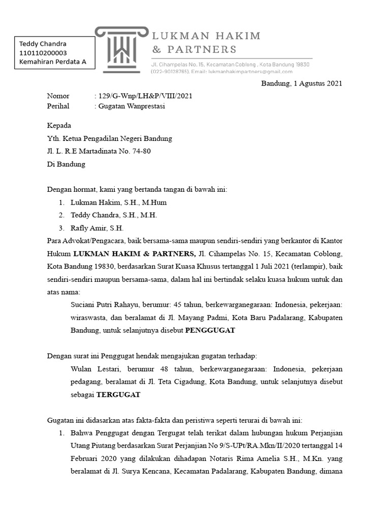 Contoh Surat Gugatan Wanprestasi | PDF