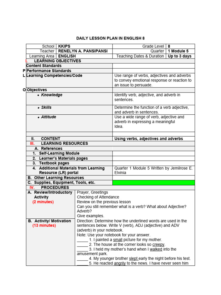 Daily Lesson Plan in English 8 | PDF | Adverb | Adjective