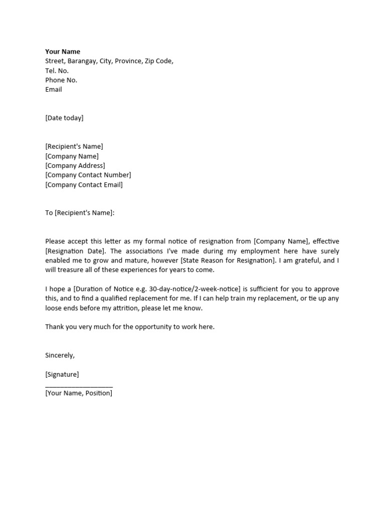 Resignation Letter Sample - Draft | PDF