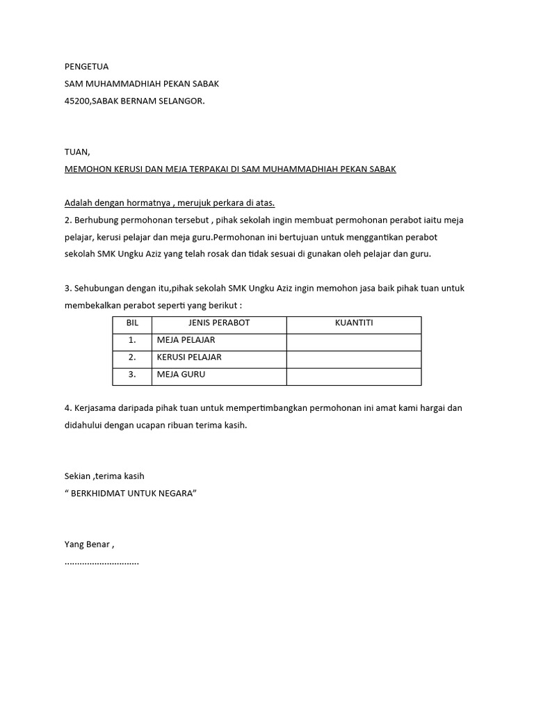 Surat Mohon Kerusi Meja | PDF