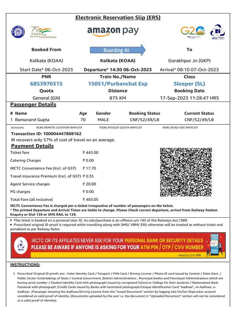 IRCTC Train Ticket Details & Instructions | PDF