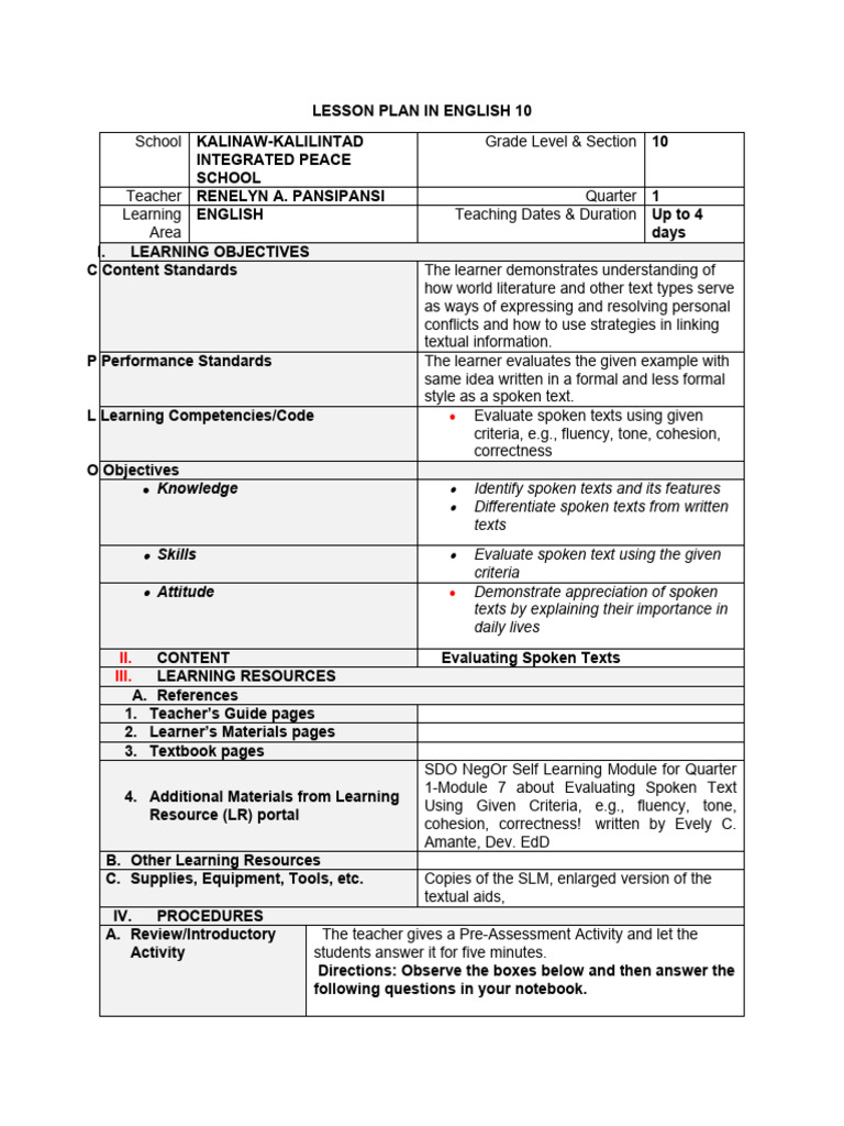 Lesson Plan in English 10 222 | PDF