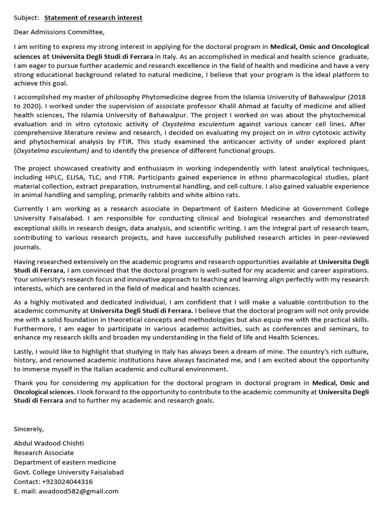 Biomedical, Biomolecular, Cell Biology and Cancer Statement of Research ...