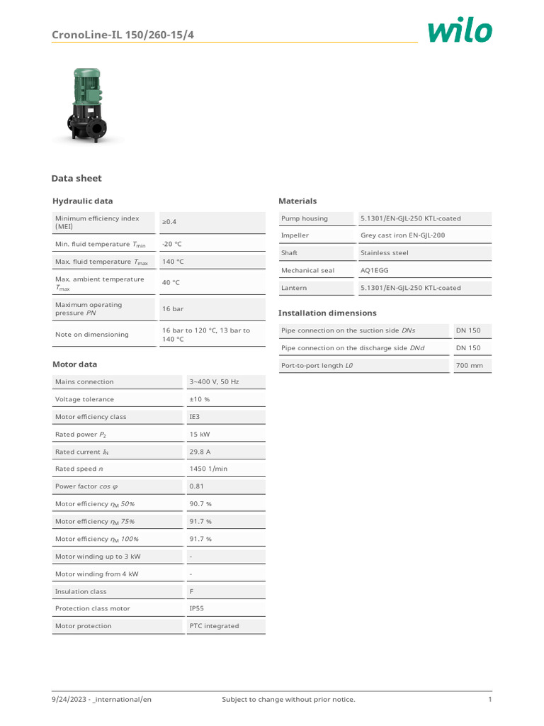 Wilo CronoLine-IL 150/260-15/4 Data Sheet | PDF | Pump | Manufactured Goods
