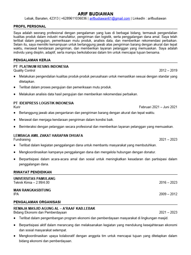 CV ARIF BUDIAWAN New | PDF | Karier & Perkembangan | Seni