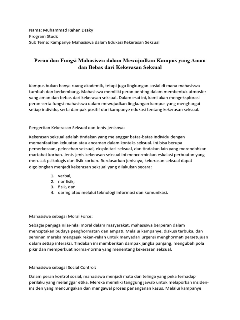 Peran Dan Fungsi Mahasiswa Dalam Mewujudkan Kampus Yang Aman Dan Bebas Dari Kekerasan Seksual | PDF