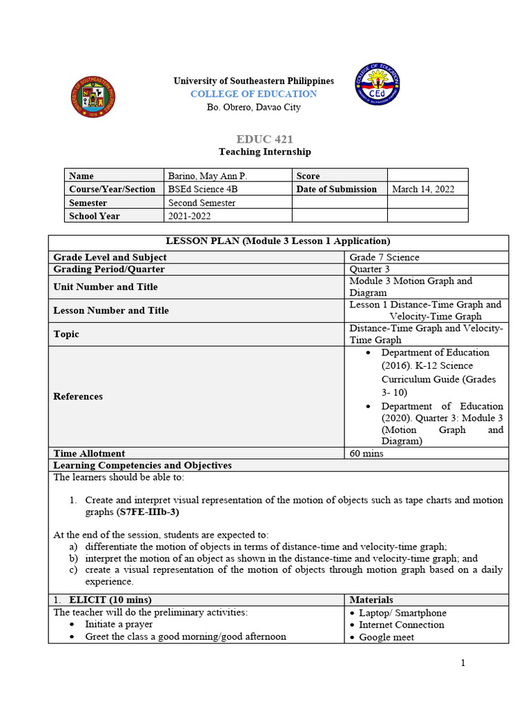 Lesson Plan in Grade 7-Q3M3-Motion Graphs | PDF | Acceleration ...