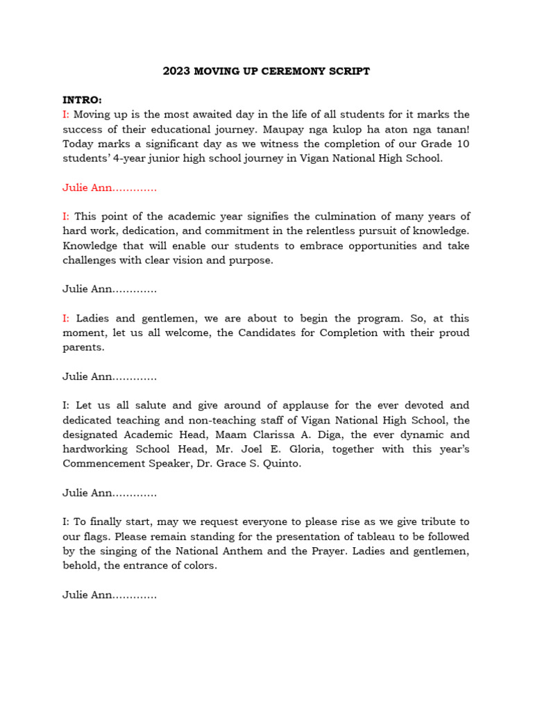2023 Grade 10 Moving Up Ceremony Script | PDF | Art