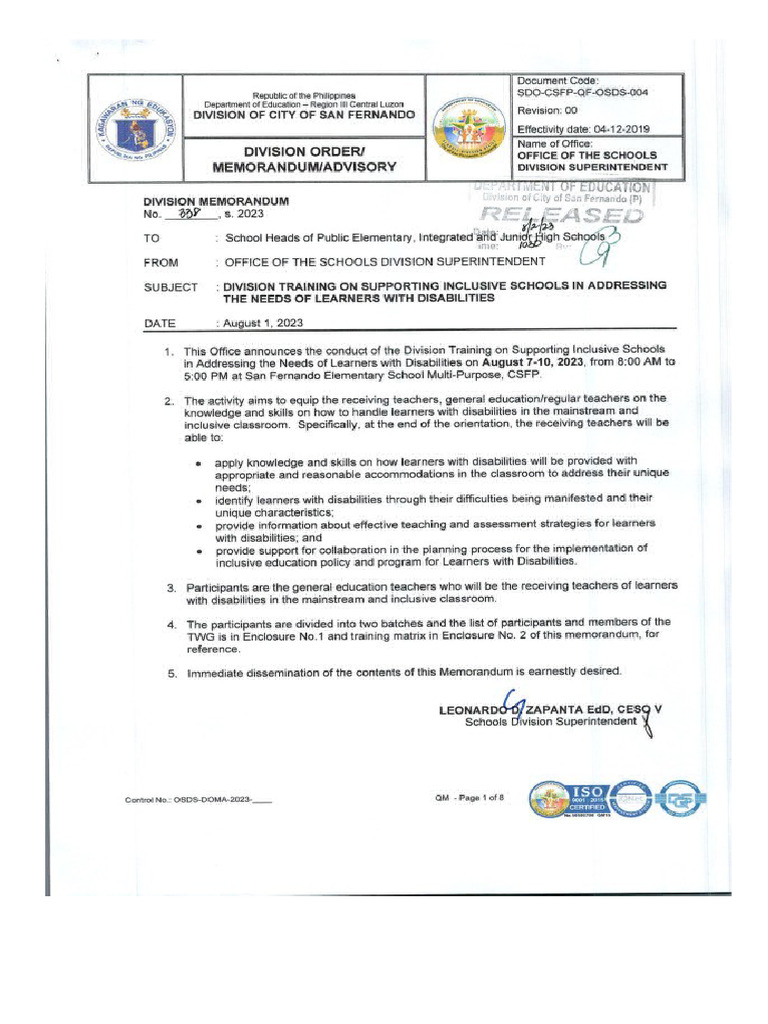 Division Memo Inclusive Education | PDF