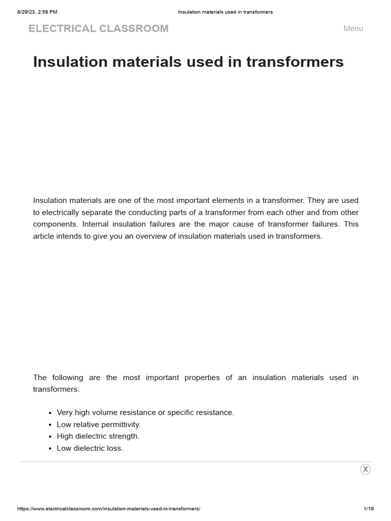 Insulation Materials Used in Transformers | PDF