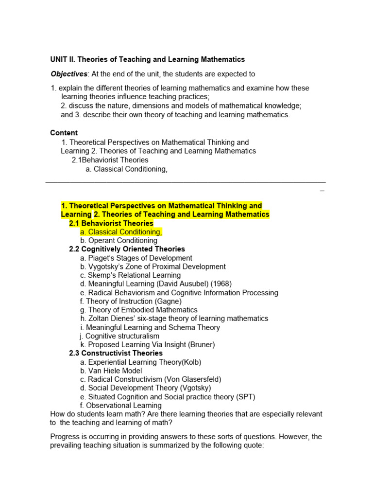 Theories of Teaching and Learning Math | PDF | Classical Conditioning ...